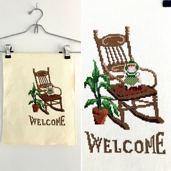 Vintage | Art | Vintage 7s Embroidered Rocking Chair Plant Welcome ...